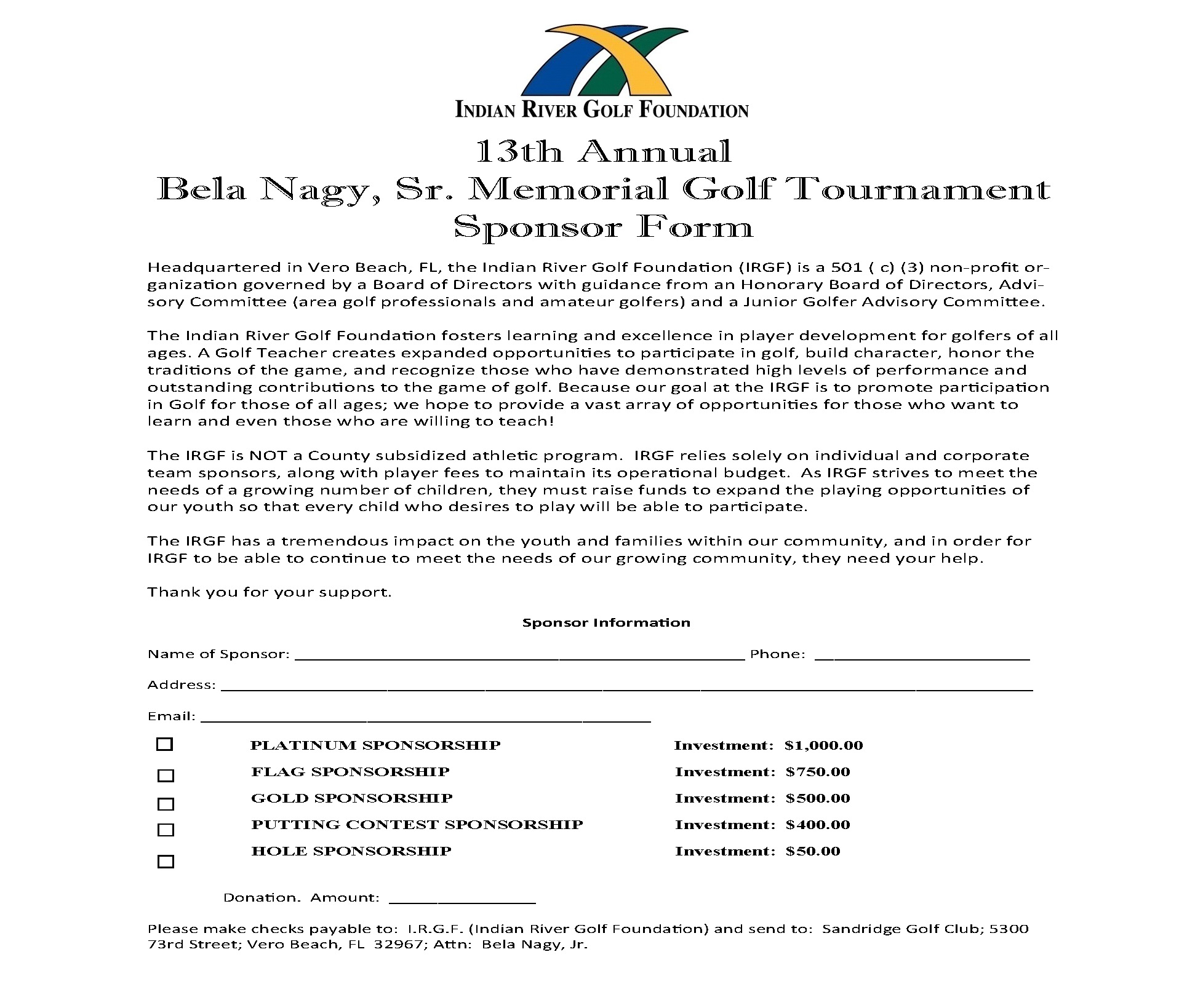 13th Annual "Bela Nagy Sr" Memorial Golf Tournament - Sandridge Golf ...
